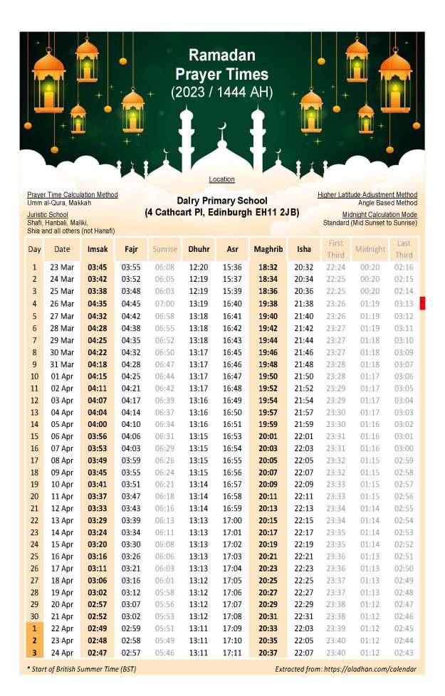 Ramadan Prayer Timetable | Dalry Primary Edinburgh